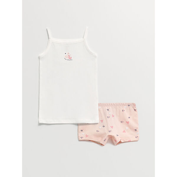 Kare Yaka Askılı Baskılı Pamuklu Kız Bebek Atlet ve Boxer 2'li Takım