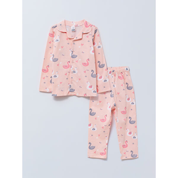 Polo Yaka Uzun Kollu Baskılı Pamuklu Kız Bebek Pijama Takımı 2'li
