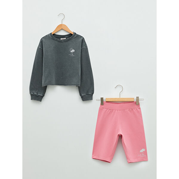 Bisiklet Yaka Baskılı Uzun Kollu Kız Çocuk Sweatshirt ve Şort