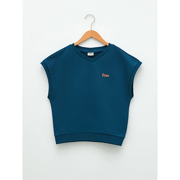 V Yaka Kolsuz Nakış Detaylı Erkek Çocuk Sweatshirt