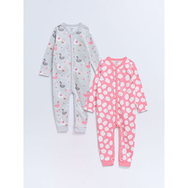 V Yaka Uzun Kollu Baskılı Pamuklu Kız Bebek Tulum 2'li