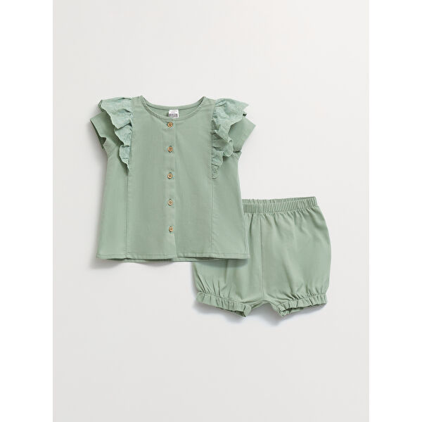 Bisiklet Yaka Kısa Kollu Basic Pamuklu Kız Bebek Bluz ve Şort 2'li Takım