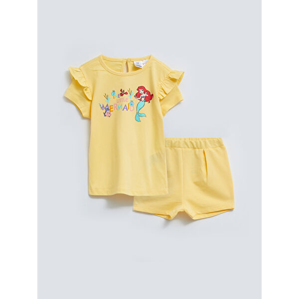 Bisiklet Yaka Kısa Kollu Princess Baskılı Pamuklu Kız Bebek Tişört ve Şort 2'li Takım
