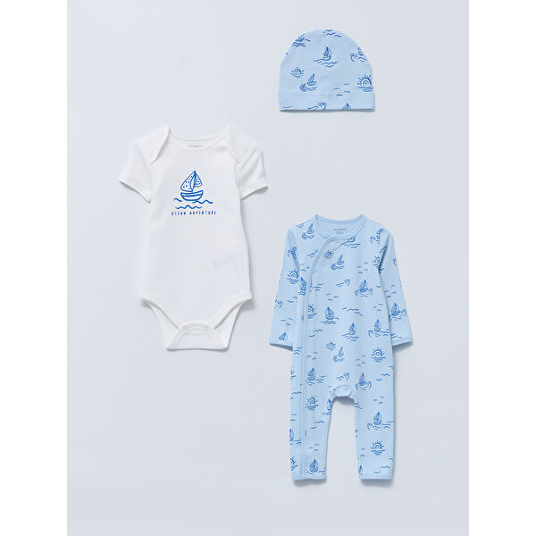Bisiklet Yaka Baskılı Pamuklu Erkek Bebek Çıtçıtlı Body Tulum ve Bere 3'lü Takım