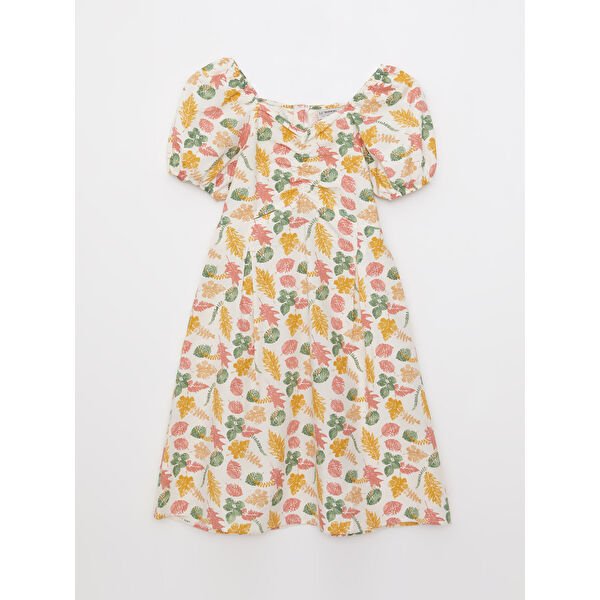 Kare Yaka Desenli Kısa Kollu Poplin Kız Çocuk Elbise