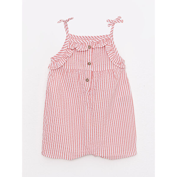 Kare Yaka Askılı Çizgili Pamuklu Kız Bebek Tulum