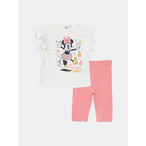Bisiklet Yaka Kısa Kollu Minnie Mouse Baskılı Kız Bebek Tişört ve Tayt 2'li Takım