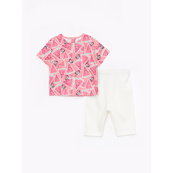 Bisiklet Yaka Kısa Kollu Minnie Mouse Baskılı Kız Bebek Tişört ve Tayt 2'li Takım