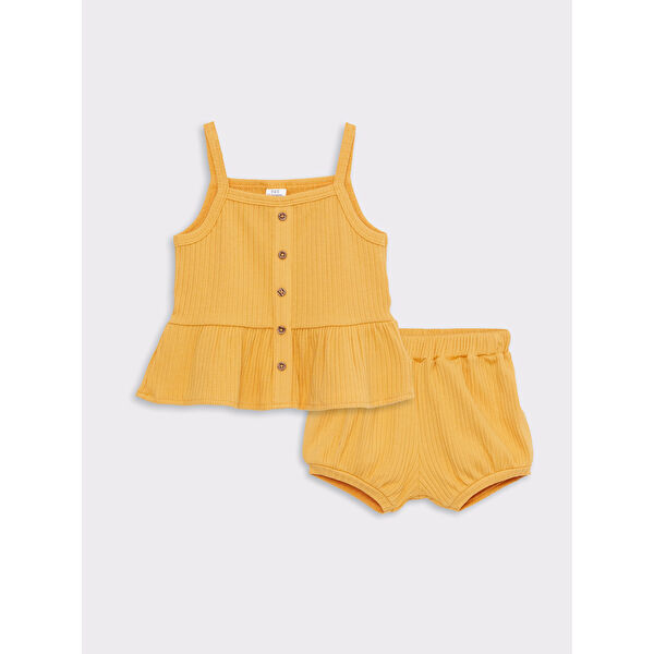 Kare Yaka Askılı Basic Pamuklu Kız Bebek Tişört ve Şort 2'li Takım