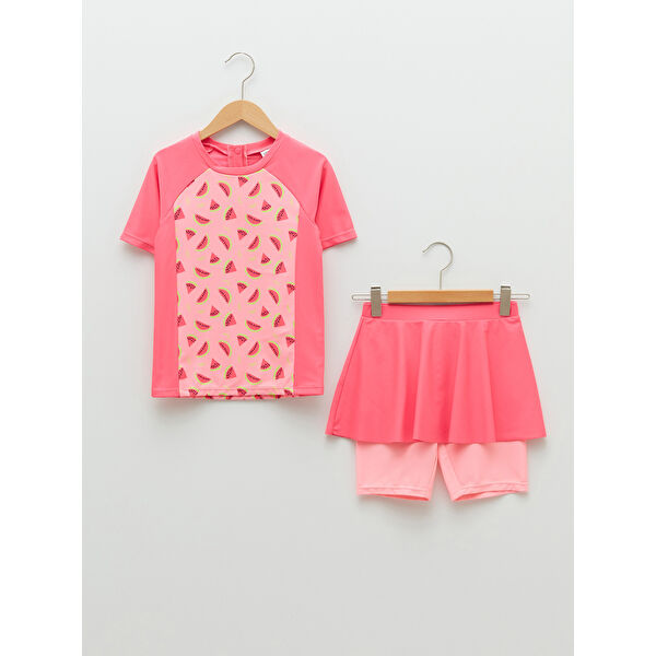 Bisiklet Yaka Baskılı Kısa Kollu Kız Çocuk Etekli Mayo