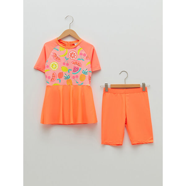 Bisiklet Yaka Baskılı Kısa Kollu Kız Çocuk Etekli Mayo ve Tayt