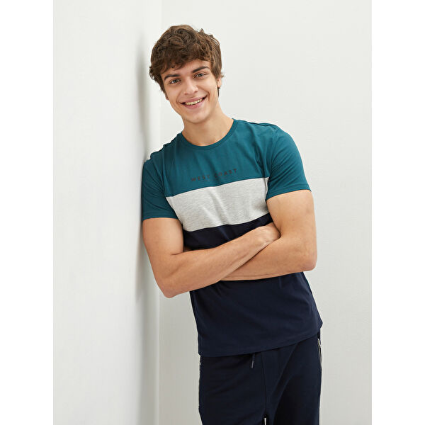 Bisiklet Yaka Kısa Kollu Renk Bloklu Penye Erkek Tişört