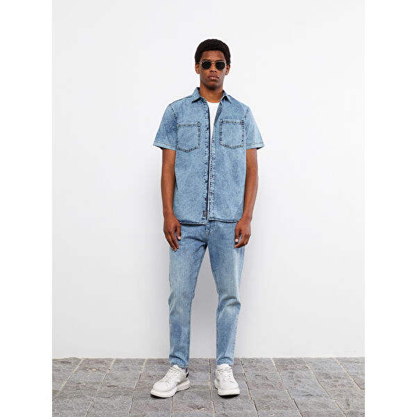 Regular Fit Kısa Kollu Erkek Jean Gömlek