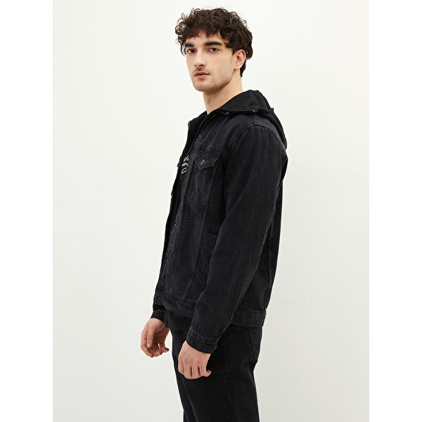 Standart Kalıp Kapüşonlu Erkek Jean Ceket