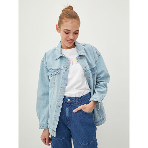 Gömlek Yaka Düz Uzun Kollu Kadın Rodeo Jean Ceket Gömlek Yaka Düz Uzun Kollu Kadın Rodeo Jean Ceket