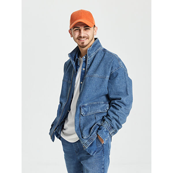 Rahat Kalıp Dik Yaka Uzun Kollu Erkek Jean Ceket