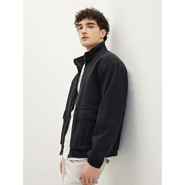 Rahat Kalıp Dik Yaka Uzun Kollu Erkek Jean Ceket