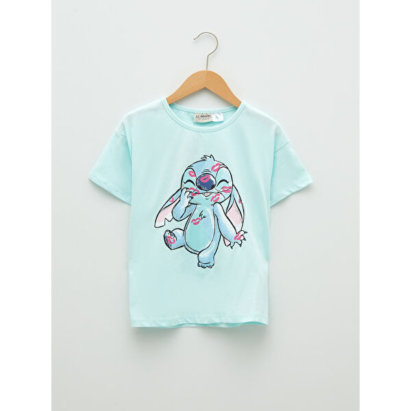 Bisiklet Yaka Lilo ve Stitch Baskılı Kısa Kollu Pamuklu Kız Çocuk Tişört