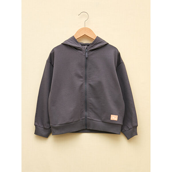 Kapüşonlu Baskılı Uzun Kollu Organik Pamuklu Kız Çocuk Fermuarlı Sweatshirt