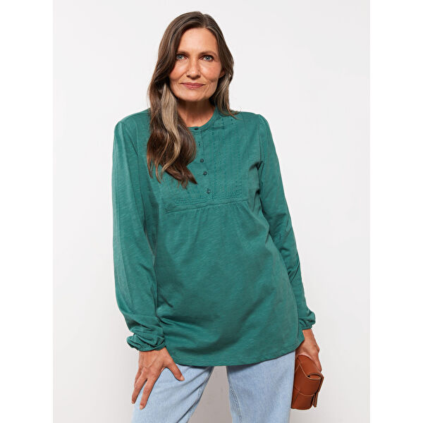 Bisiklet Yaka Nakışlı Uzun Kollu Pamuklu Kadın Bluz