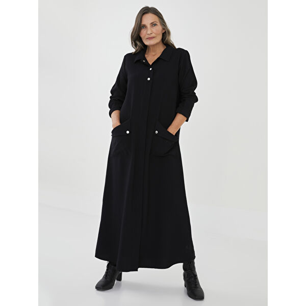 LCW GRACE Gömlek Yaka Düz Uzun Kollu A Kesim Keten Kadın Elbise