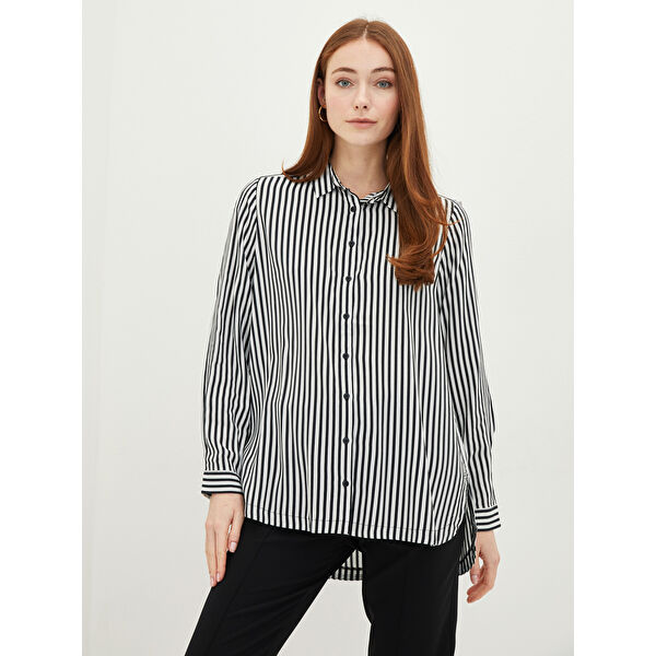 Önden Düğme Kapamalı Çizgili Uzun Kollu Viskon Kadın Gömlek Önden Düğme Kapamalı Çizgili Uzun Kollu Viskon Kadın Gömlek