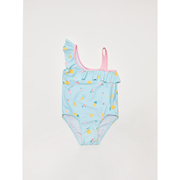 Esnek Kumaştan Bisiklet Yaka Baskılı Kız Bebek Mayo