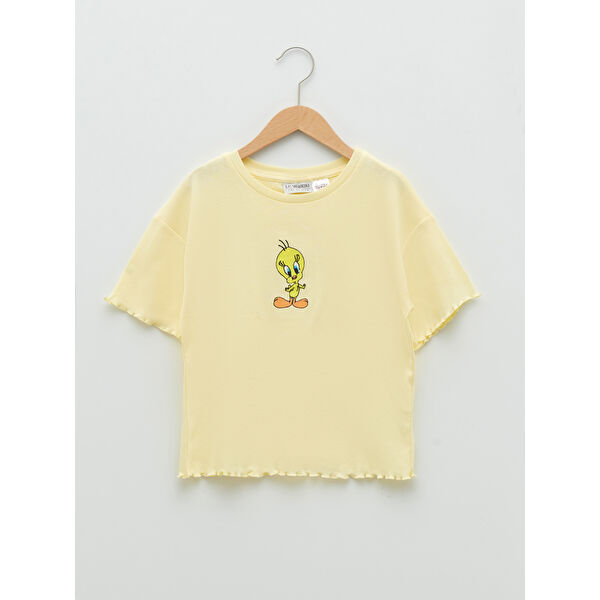Bisiklet Yaka Tweety Nakışlı Kısa Kollu Pamuklu Kız Çocuk Tişört