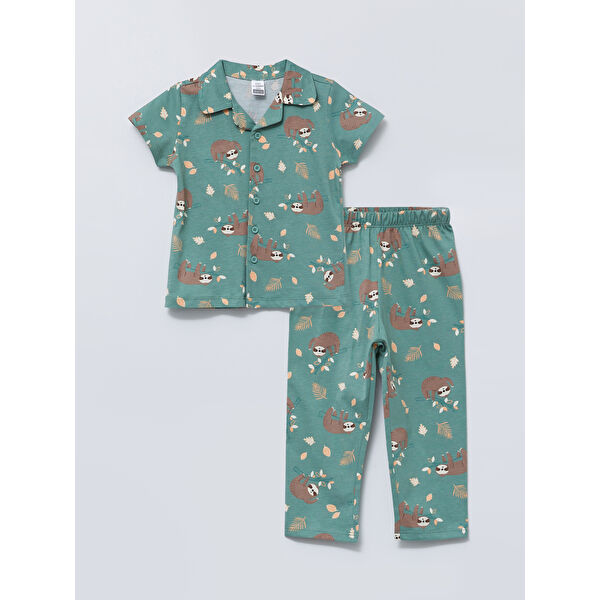 Polo Yaka Kısa Kollu Baskılı Pamuklu Erkek Bebek Pijama Takımı 2'li