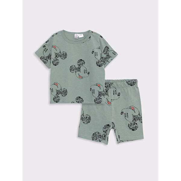 Bisiklet Yaka Kısa Kollu Mickey Mouse Baskılı Pamuklu Erkek Bebek Pijama Takımı 2'li