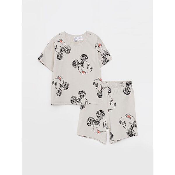 Bisiklet Yaka Kısa Kollu Mickey Mouse Baskılı Pamuklu Erkek Bebek Pijama Takımı 2'li