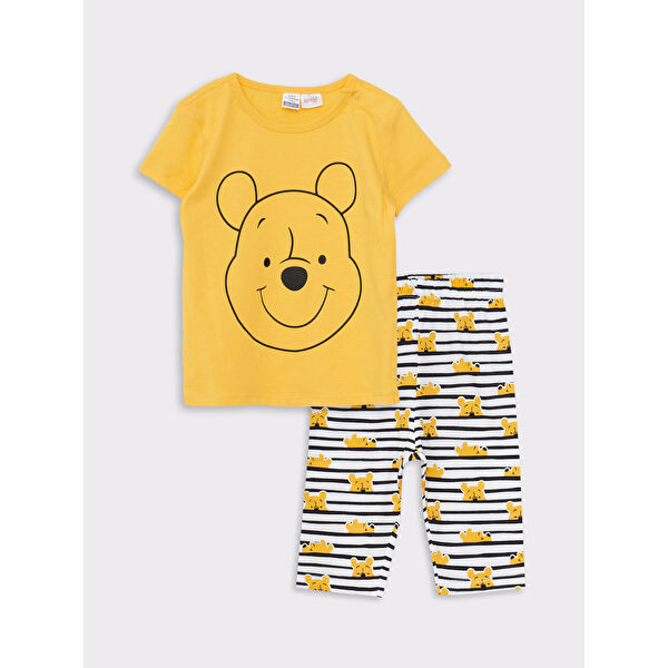 Bisiklet Yaka Kısa Kollu Winnie the Pooh Baskılı Erkek Bebek Pijama Takımı 2'li