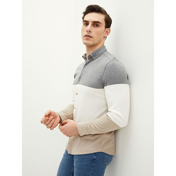 Slim Fit Uzun Kollu Renk Bloklu Erkek Gömlek Slim Fit Uzun Kollu Renk Bloklu Erkek Gömlek