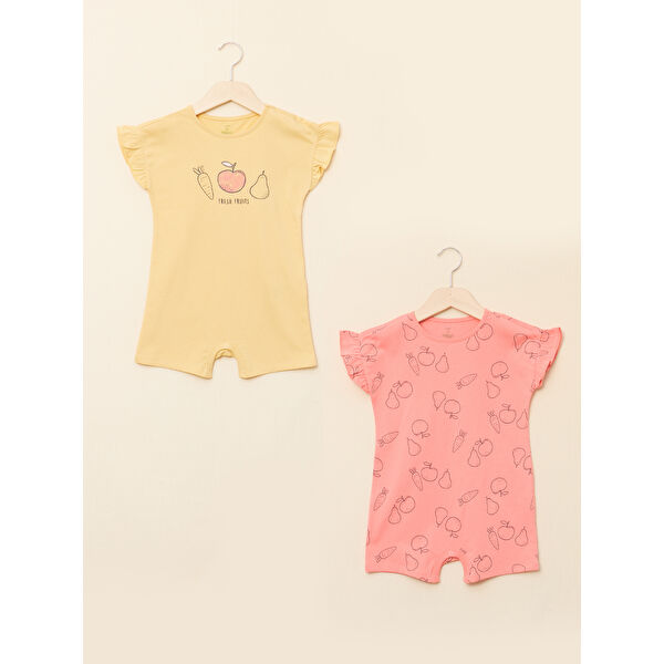 LCW GREEN Bisiklet Yaka Kısa Kollu Baskılı Organik Pamuklu  Kız Bebek Tulum 2'li