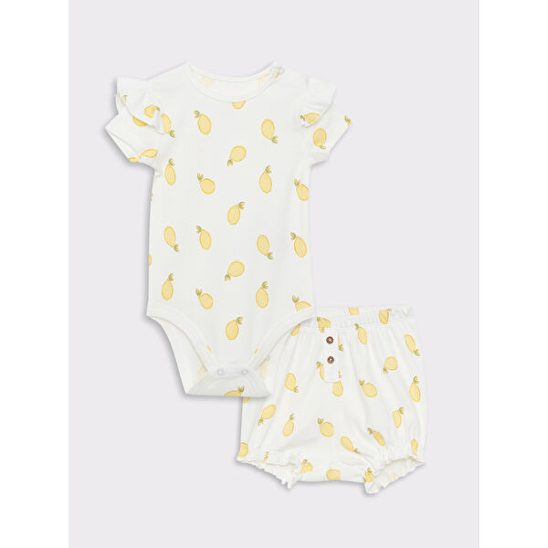 Bisiklet Yaka Kısa Kollu Baskılı Kız Bebek Çıtçıtlı Body ve Şort 2'li Takım