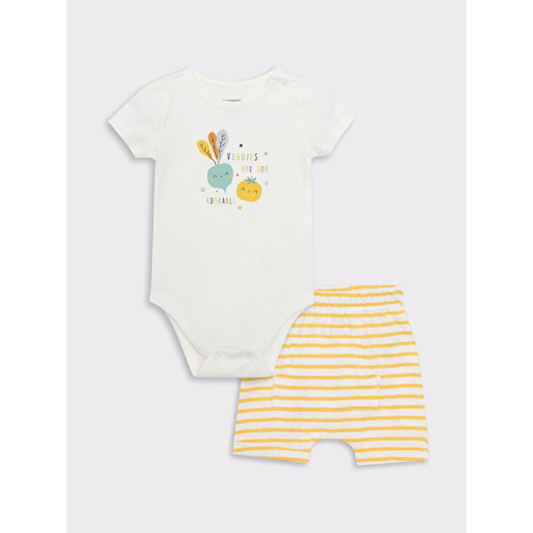 Bisiklet Yaka Kısa Kollu Baskılı Erkek Bebek Çıtçıtlı Body ve Şort 2'li Takım