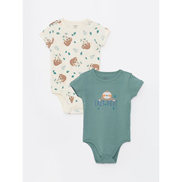 Bisiklet Yaka Kısa Kollu Baskılı Pamuklu Erkek Bebek Çıtçıtlı Body 2'li