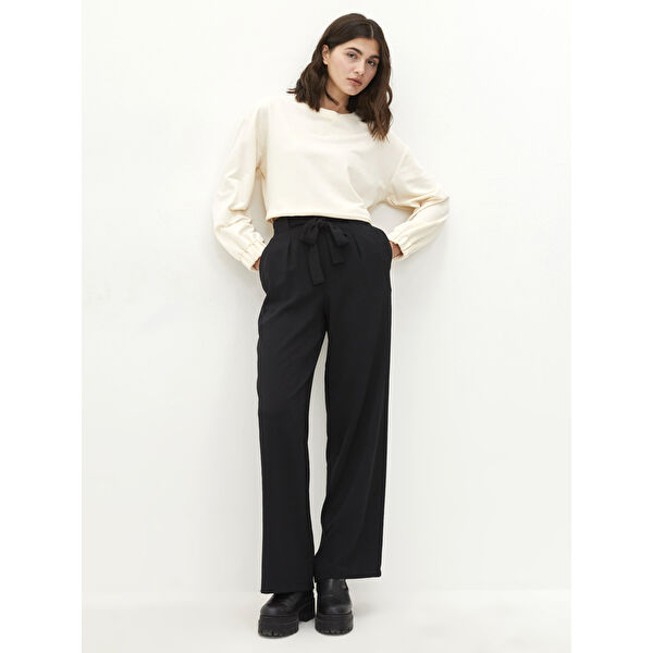 Beli Lastikli Bağlama Detaylı Gabardin Kumaş Kadın Pantolon