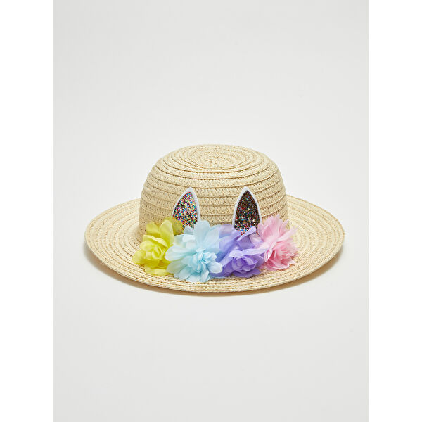 Çiçek Detaylı Kız Çocuk Hasır Şapka