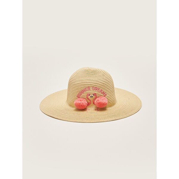 Nakışlı Ponpon Detaylı Kız Çocuk Hasır Fötr Şapka Nakışlı Ponpon Detaylı Kız Çocuk Hasır Fötr Şapka