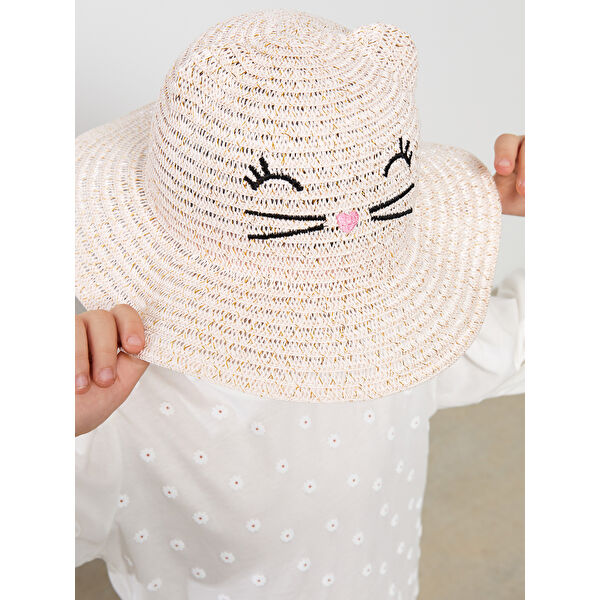 Kedi Nakış Detaylı Kız Çocuk Hasır Plaj Şapkası