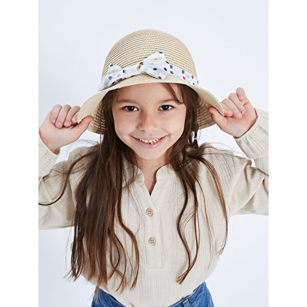 Fiyonk Detaylı Kız Çocuk Hasır Fötr Şapka