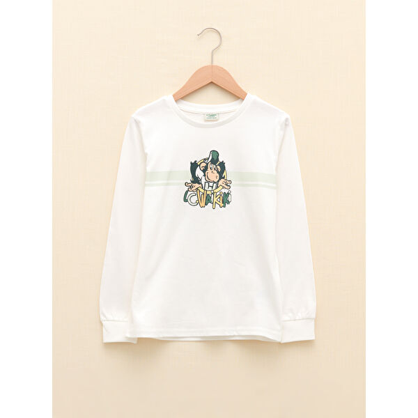 Bisiklet Yaka Nostaljik Maymun Baskılı Uzun Kollu Organik Pamuklu Erkek Çocuk Tişört