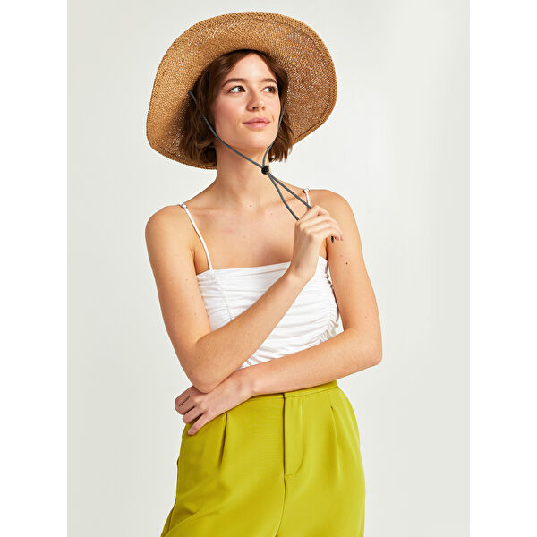 Hasır Kendinden Desenli Kadın Bucket Şapka