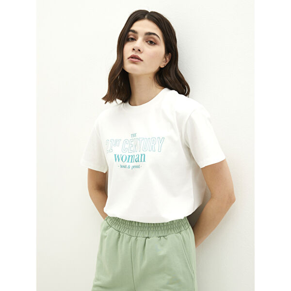 Bisiklet Yaka Yazı Baskılı Kısa Kollu Pamuklu Kadın Tişört