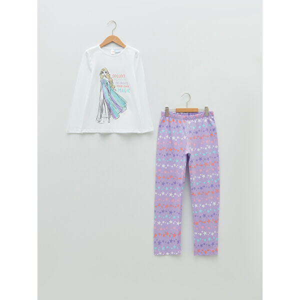 Bisiklet Yaka Elsa Baskılı Uzun Kollu Pamuklu Kız Çocuk Pijama Takımı