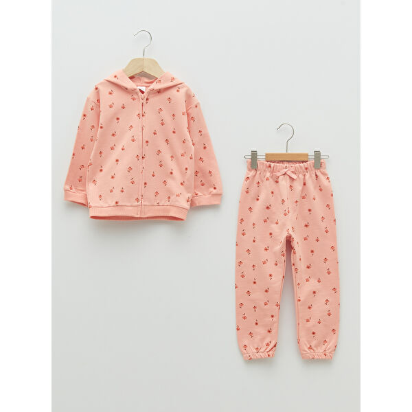 Kapüşonlu Baskılı Uzun Kollu Kız Bebek Fermuarlı Sweatshirt ve Pantolon 2'li Takım