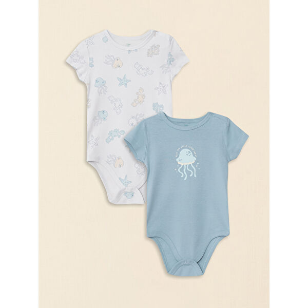 Bisiklet Yaka Kısa Kollu Baskılı Organik Pamuklu Erkek Bebek Çıtçıtlı Body 2'li