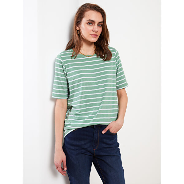 Bisiklet Yaka Çizgili Kısa Kollu Kadın Tişört