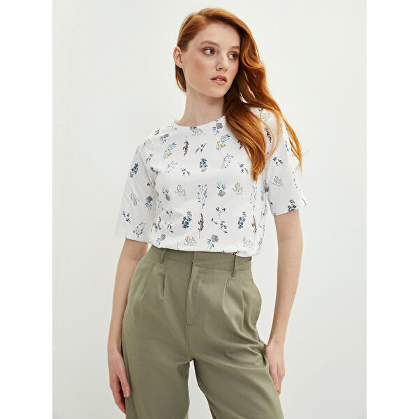 Bisiklet Yaka Puantiyeli Kısa Kollu Pamuklu Kadın Tişört